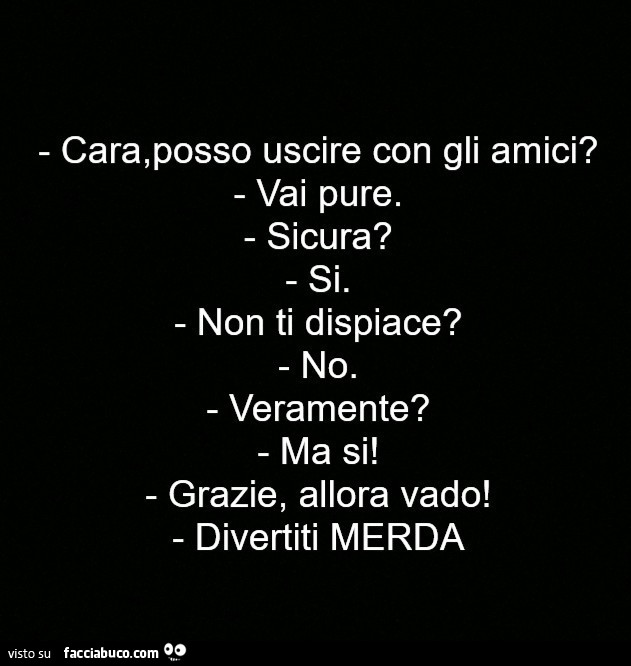 Cara posso uscire con gli amici? Vai pure. Sicura? Sì. Non ti dispiace ...
